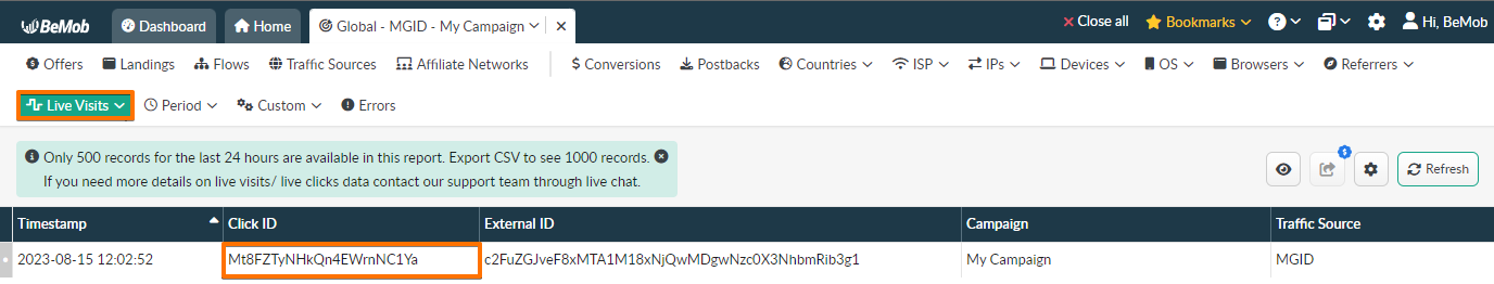 BeMob Tracker Integration in MGID Ads